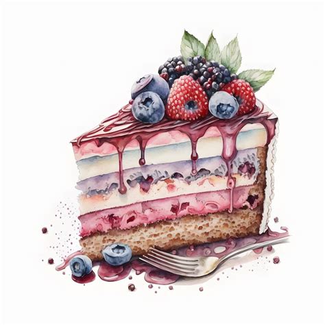Una Pintura De Acuarela De Un Trozo De Pastel Con Bayas Foto Premium