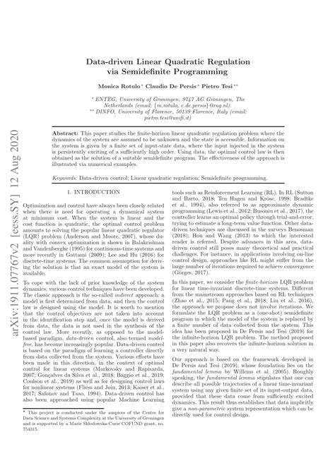 pdf data driven linear quadratic regulation via semidefinite programming