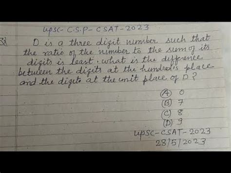 D Is A Three Digit Number Such That The Ratio Of The Number To The Sum