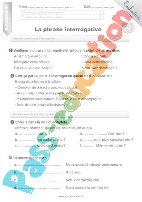 Types de phrases CE2 Cycle 2 Exercice évaluation révision leçon