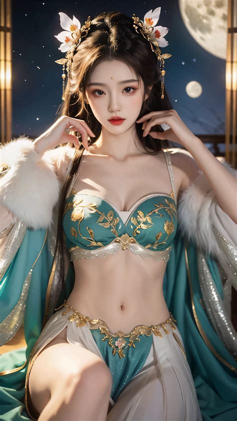 青と金の衣装を着て写真を撮る女性 SeaArt AI