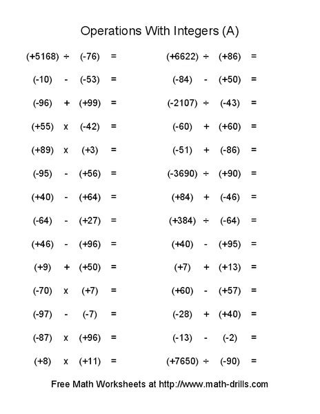 operations with integers a worksheet for 6th 7th grade lesson planet