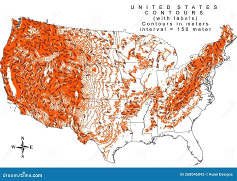 USA Topography Elevation Contour Footprints In Meters Map HD Stock