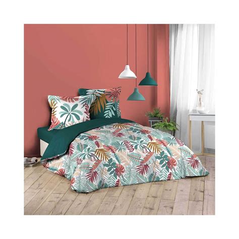 Housse de couette 200 x 200 cm taies Feuillage coloré vert rose