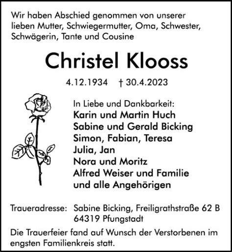 Traueranzeigen Von Christel Klooss Vrm Trauer De
