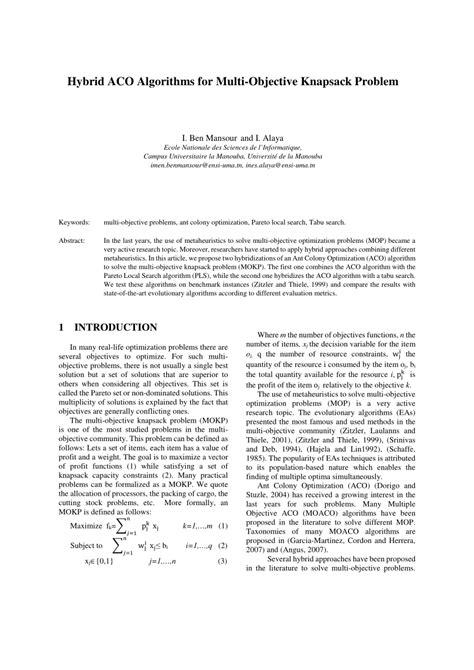 pdf hybrid aco algorithms for multi objective knapsack problem