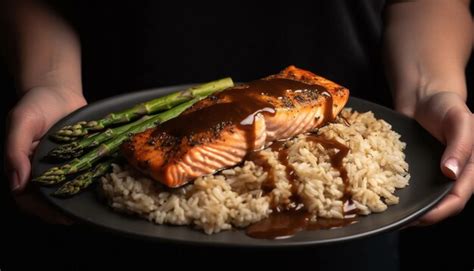 Bife de salmão grelhado arroz e espargos uma refeição saudável