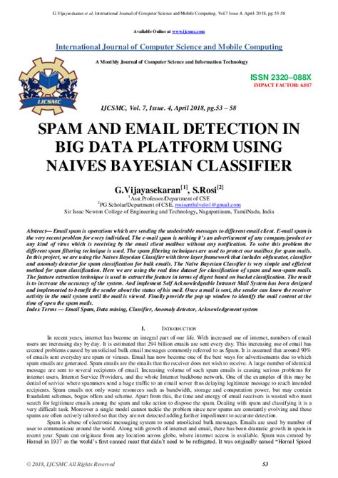 pdf spam and email detection in big data platform using naives bayesian classifier ijcsmc