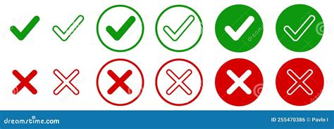 Set Green Approval Check Mark And Red Cross Icons In Circle And Square