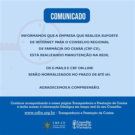 Comunicado Rede de internet da instituição em manutenção CRF CE