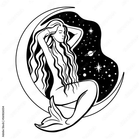 Vettoriale Stock Mermaid Sitting On The Moon Celestial Gir Mysterious