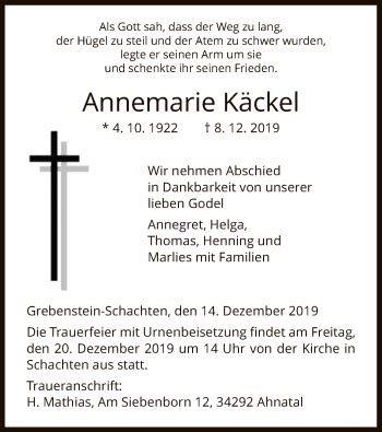 Traueranzeigen von Annemarie Käckel Trauer HNA de