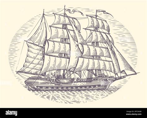 Vintage Sailing Ship In The Sea In Engraving Style Old Sailboat With