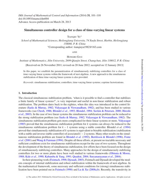pdf simultaneous controller design for a class of time varying linear systems