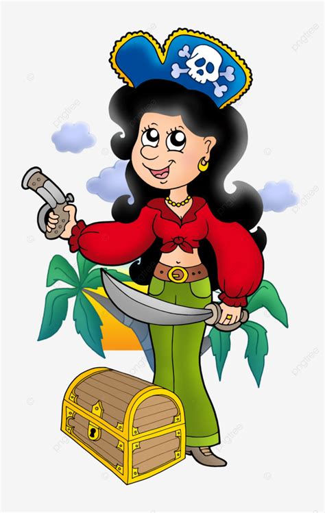 Cute Pirate Girl With Treasure Chest Hair Sea Fashion Holding PNG