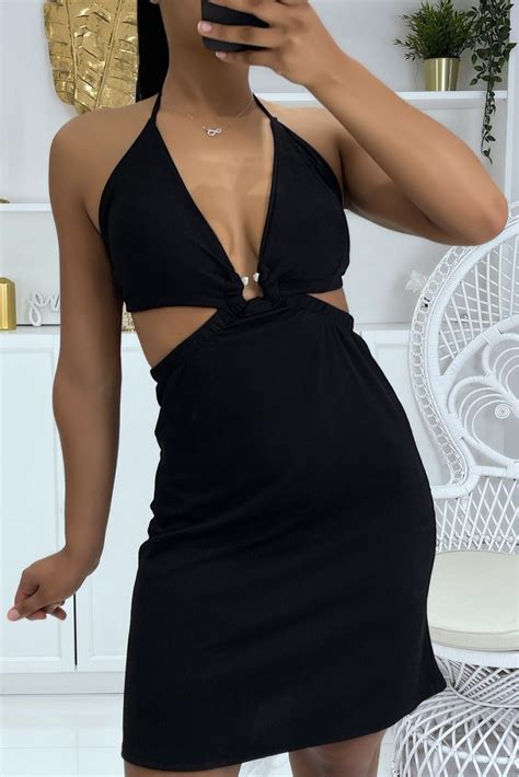 Robe trapèze noir avec manche en dentelle et boutons doré