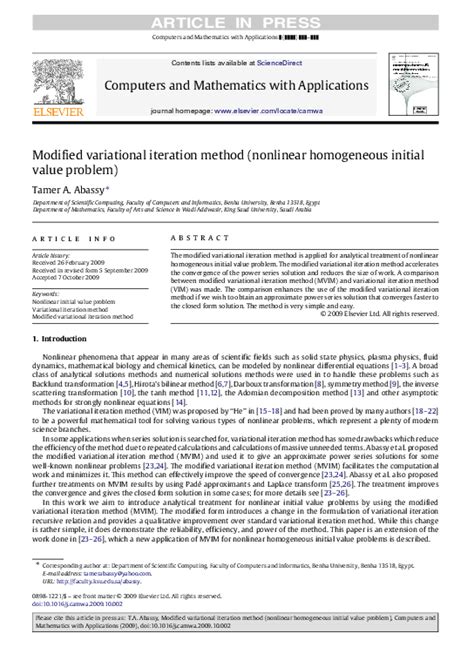 pdf modified variational iteration method nonlinear homogeneous initial value problem