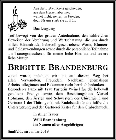 Traueranzeigen Von Brigitte Brandenburg Trauer In Thueringen De