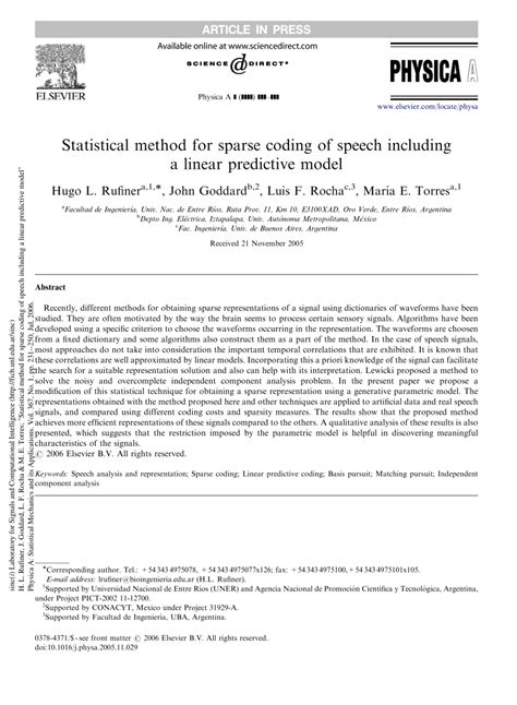 pdf statistical method for sparse coding of speech including a linear predictive model