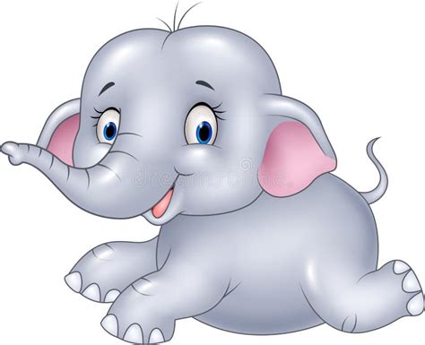 Cartoon Funny Baby Elephant Sitting Isolated On White Background Stock