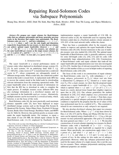 pdf repairing reed solomon codes via subspace polynomials