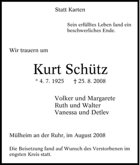 Traueranzeigen von Kurt Schütz Trauer in NRW de