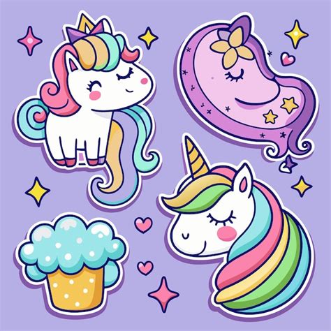 Bonitas Pegatinas De Unicornio Con Cabello De Arco Iris Y Estrellas