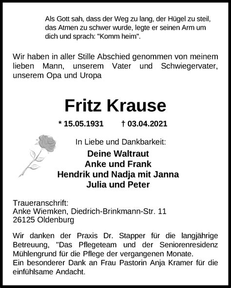 Traueranzeigen Von Fritz Krause Nordwest Trauer De