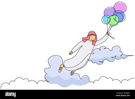 Continuous One Line Drawing Success Arabian Businessman Flying With