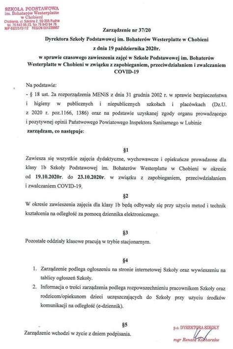 Zarz Dzenie Nr Dyrektora Szko Y Podstawowej Im Bohater W