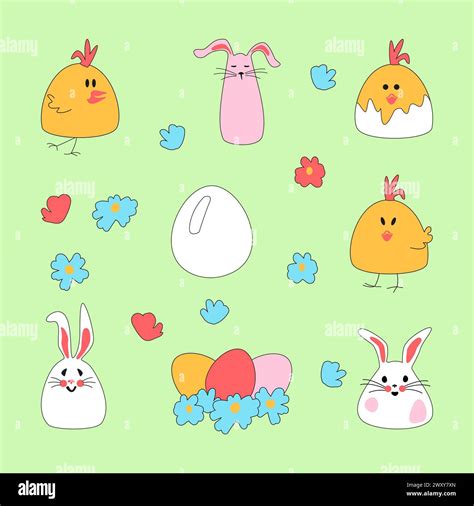Set Of Easter Characters Cute Easter Bunny With Chicken And Egg For