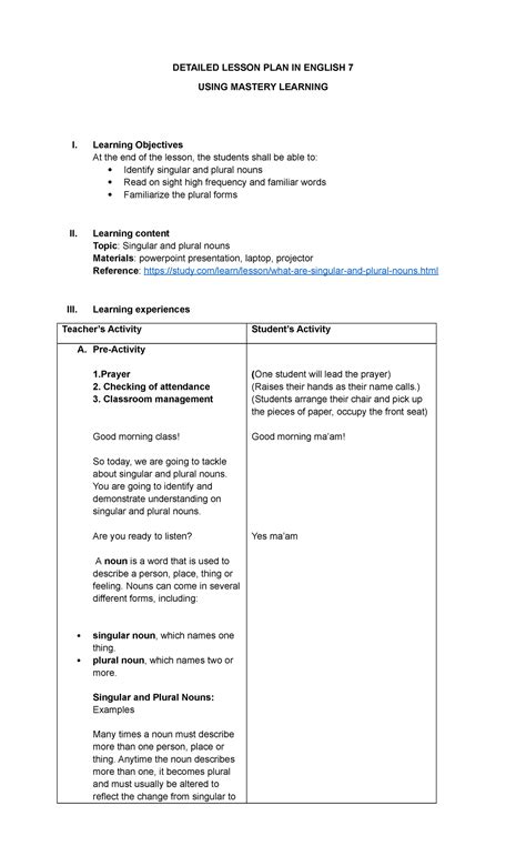 Sample Lesson Plan In English Grade Philippines Printable Templates