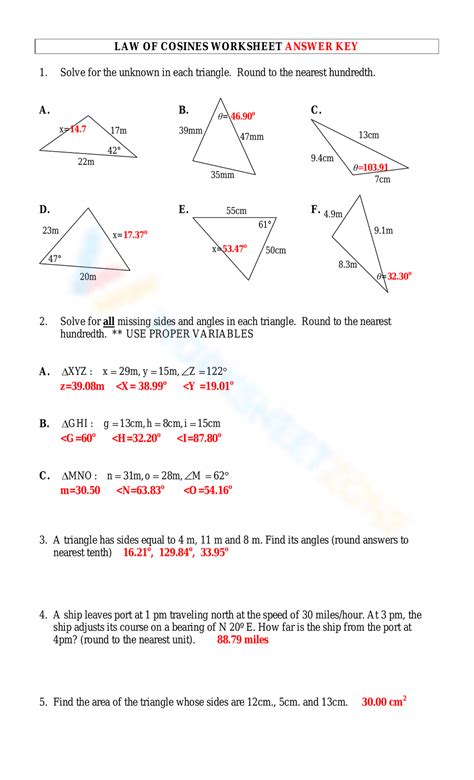 Free Printable Law Of Cosines Worksheets For Students