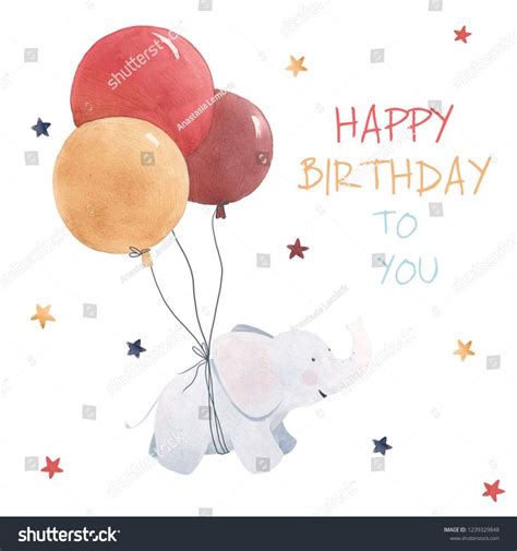 Happy Birthday Card With An Elephant Holding Balloons In The Air And