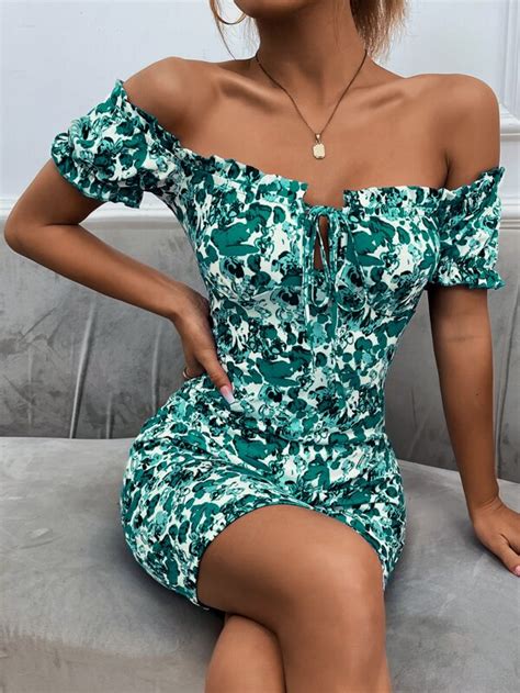 SHEIN VCAY Vestido Apertado Impressão Floral Fora do ombro Acabamento