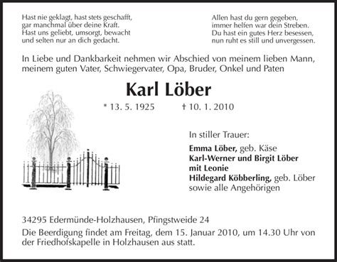 Traueranzeigen von Karl Löber Trauer HNA de