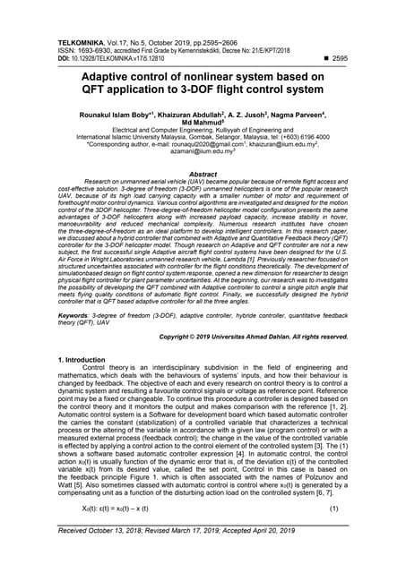 adaptive control of nonlinear system based on qft application to 3 dof flight control system pdf
