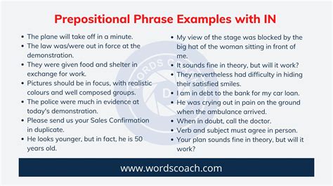 Prepositional Phrase List With IN Word Coach