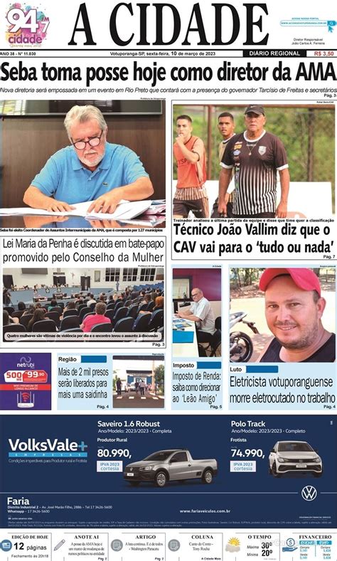 Capa Jornal A Cidade de Votuporanga Edição Quinta 12 de Janeiro de 2023