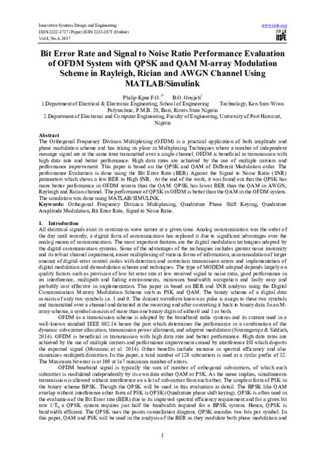 pdf bit error rate and signal to noise ratio performance evaluation of ofdm system with qpsk