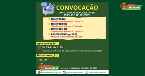 Município de Três Barras faz nova chamada de aprovados como monitor 20h