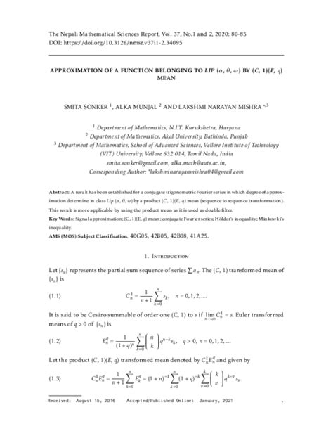 pdf approximation of a function belonging to lip ɑ θ w by c 1 e q smita sonker