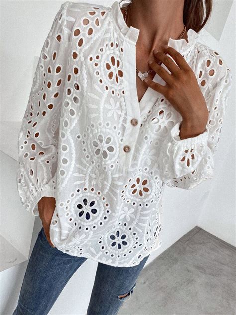 SHEIN VCAY Solid Eyelet Embroidery Half Button Blouse Boho Chic