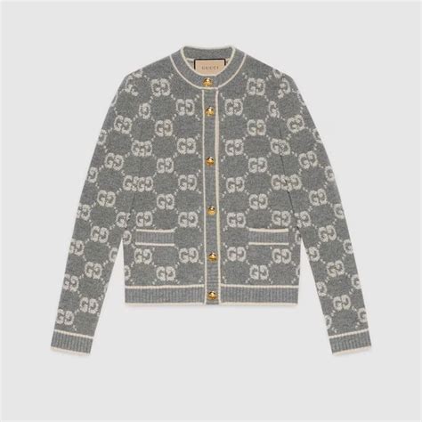 GG wool bouclé jacquard cardigan in grey and ivory GUCCI