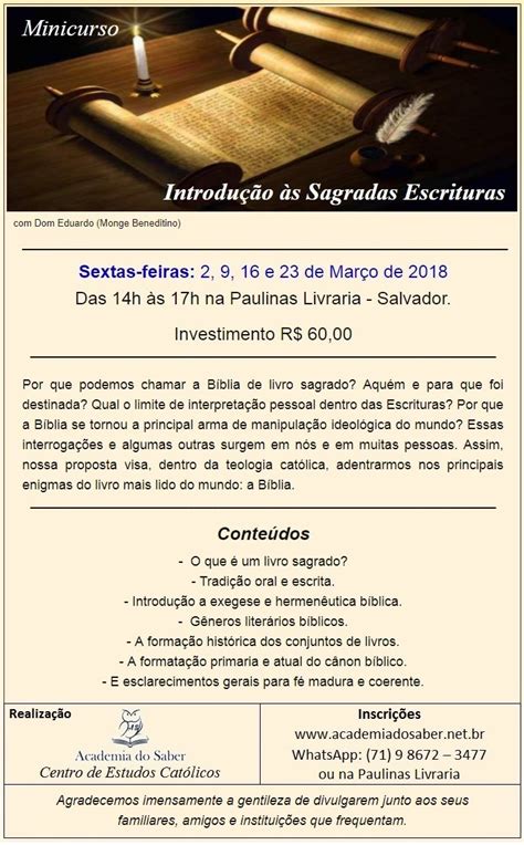 Minicurso Introdução às Sagradas Escrituras acontecerá no mês de