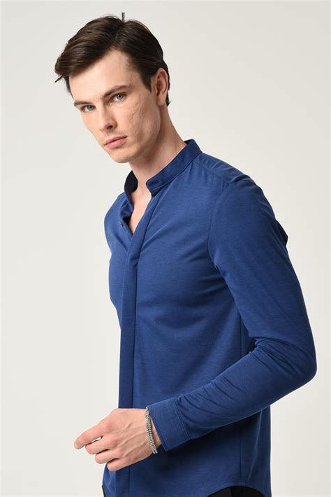 Antioch Saks Mavisi Erkek Hakim Yaka Gizli Düğme Uzun Kollu Slim Fit Gömlek