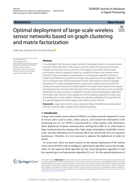pdf optimal deployment of large scale wireless sensor networks based on graph clustering and