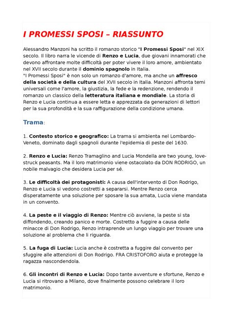 I PROMESSI SPOSI Personaggi Trama Analisi Linguistica Schemi