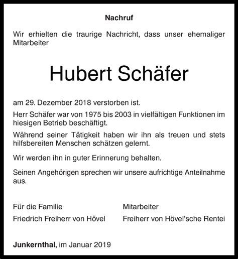 Traueranzeigen von Hubert Schäfer rz trauer de