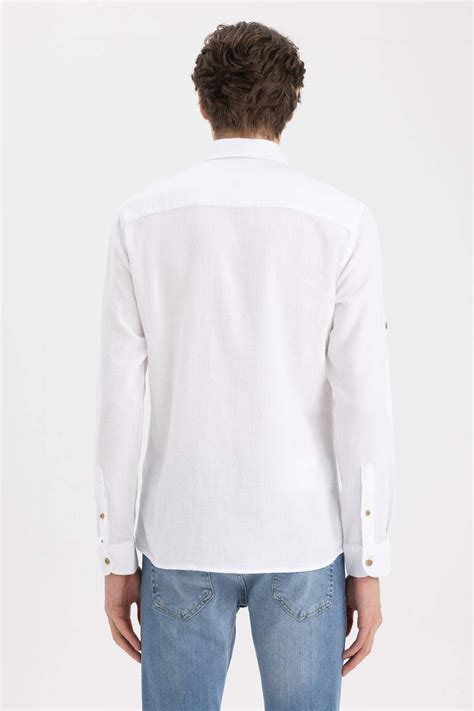 Beyaz Erkek Slim Fit Basic Keten Görünümlü Uzun Kollu Gömlek 1993222